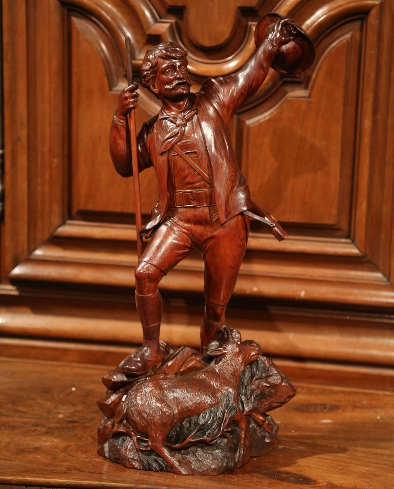 19th Century German Black Forest Carved Walnut Hunter Sculpture with ...