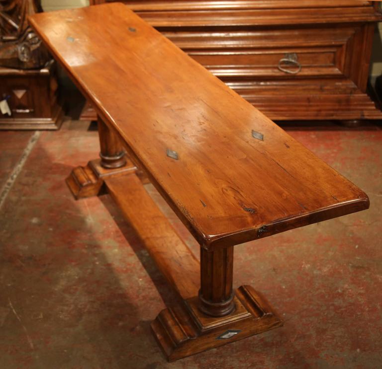 Long French Hand-Carved Walnut Two-Pedestal Legs Console Table with ...