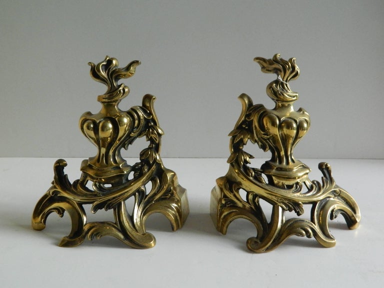 Pair of Brass Small Chenets or Andirons with Flame Finials, 19th ...
