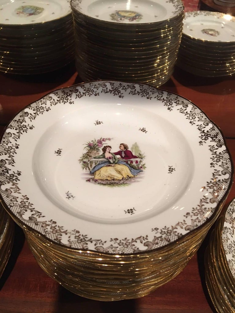 French Veritable Porcelain Dinnerware with Gold Scrolls, Landscape and ...