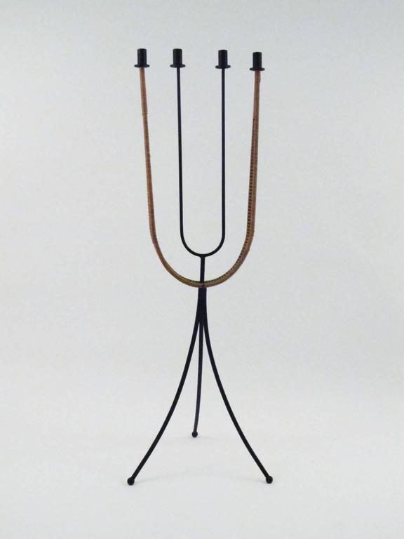 Arthur Umanoff Iron and Wicker Floor Candelabra For Sale at 1stDibs