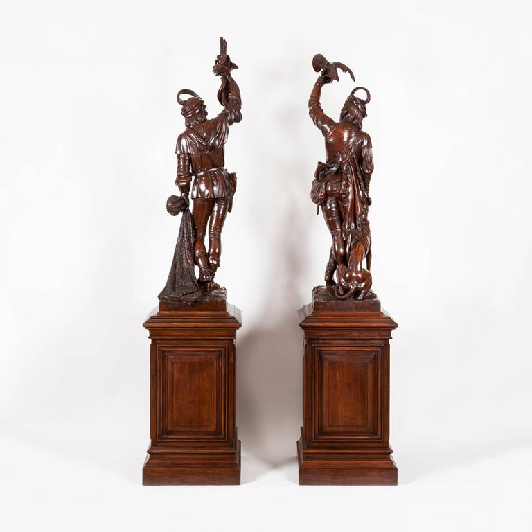 Pair of Italian Monumental Carved Figures on Plinths, 19th Century For ...