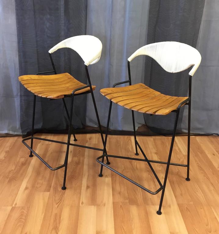 Pair of Arthur Umanoff Iron and Birch Bar Stools for Raymor at 1stDibs