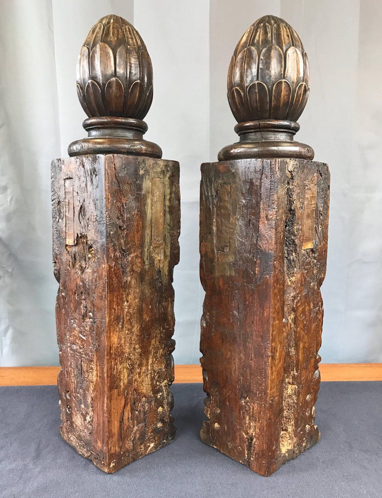 Pair of Impressively Sized and Expressive Hand-Carved Antique Newel ...