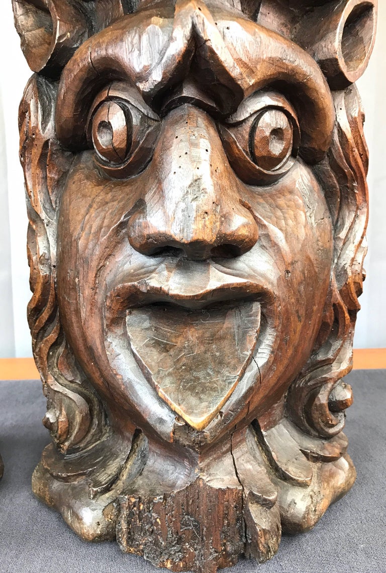 Pair of Impressively Sized and Expressive Hand-Carved Antique Newel ...