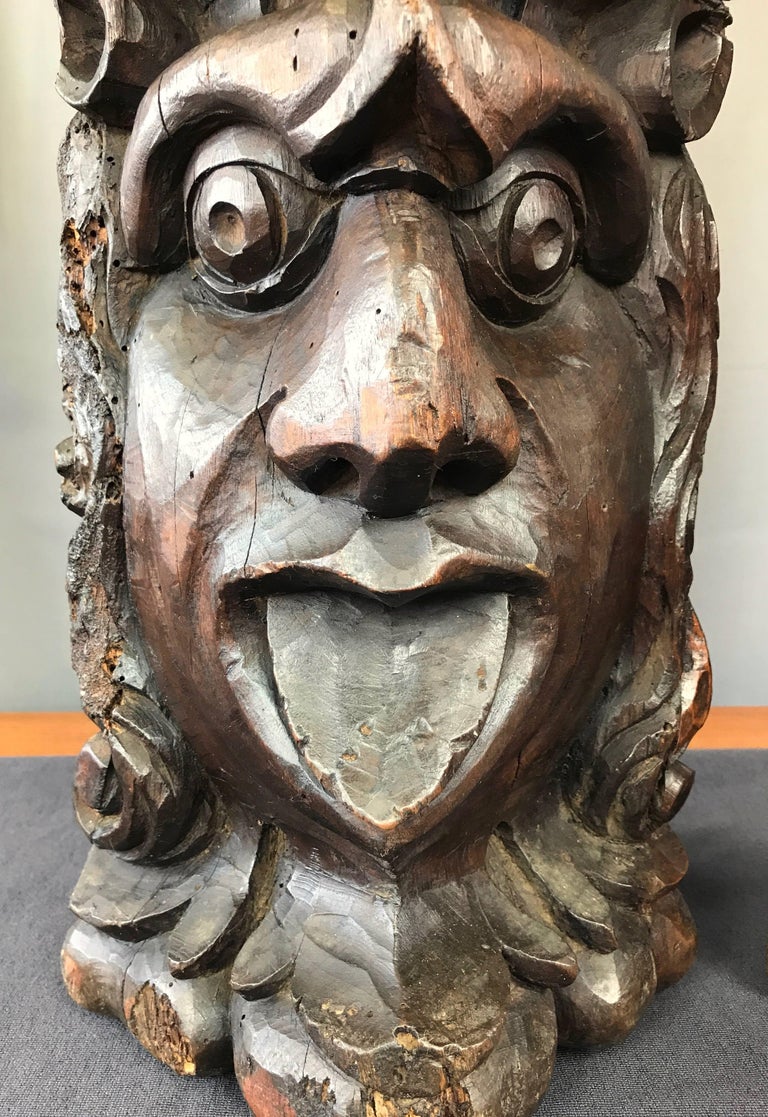 Pair of Impressively Sized and Expressive Hand-Carved Antique Newel ...