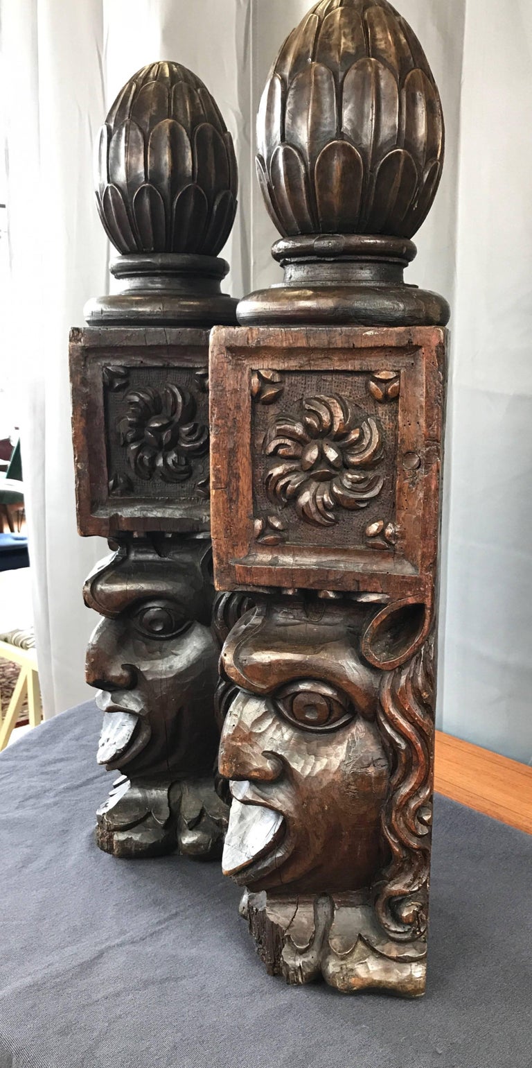 Pair of Impressively Sized and Expressive Hand-Carved Antique Newel ...