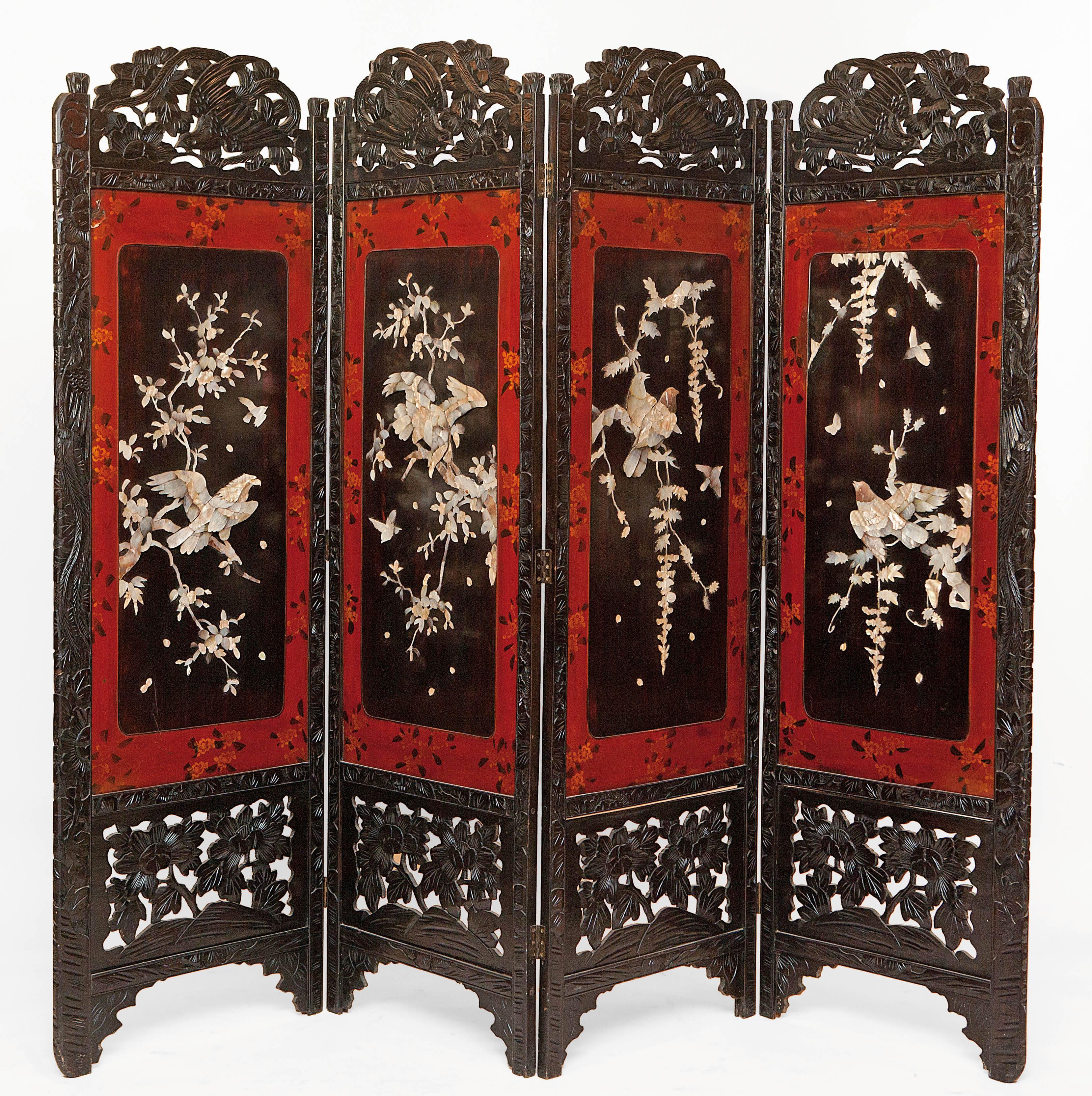 Chinese Four-Panel Folding Screen of Ebonized Wood and Soapstone at 1stDibs