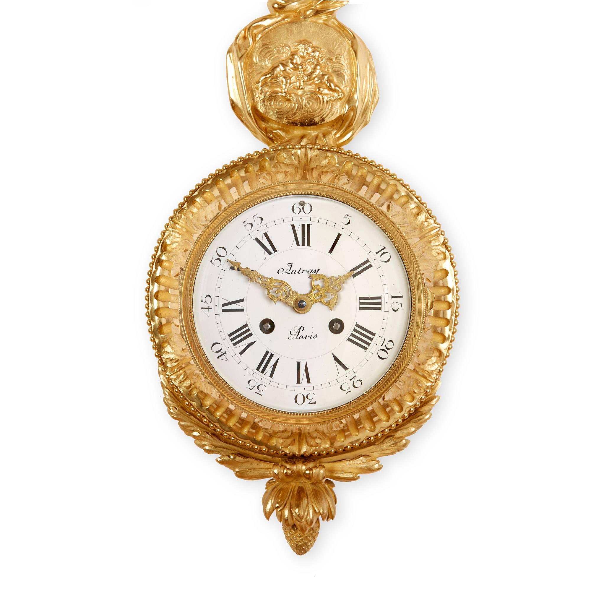 French antique golden gilt bronze cartel clock by Autray Fils, Paris at ...