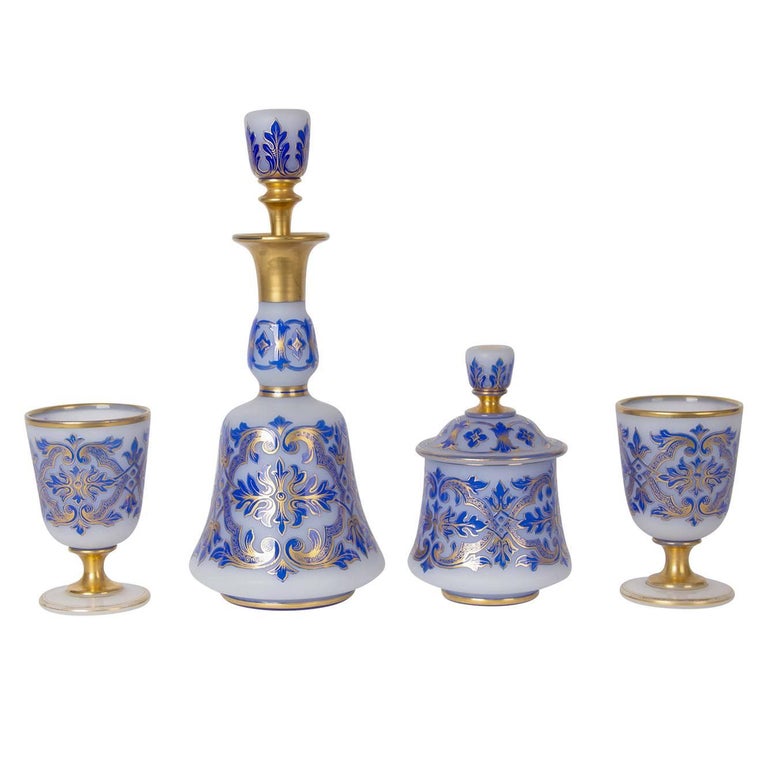 Four-Piece Luxury Drinking Set with Blue Glass Overlay For Sale at 1stDibs
