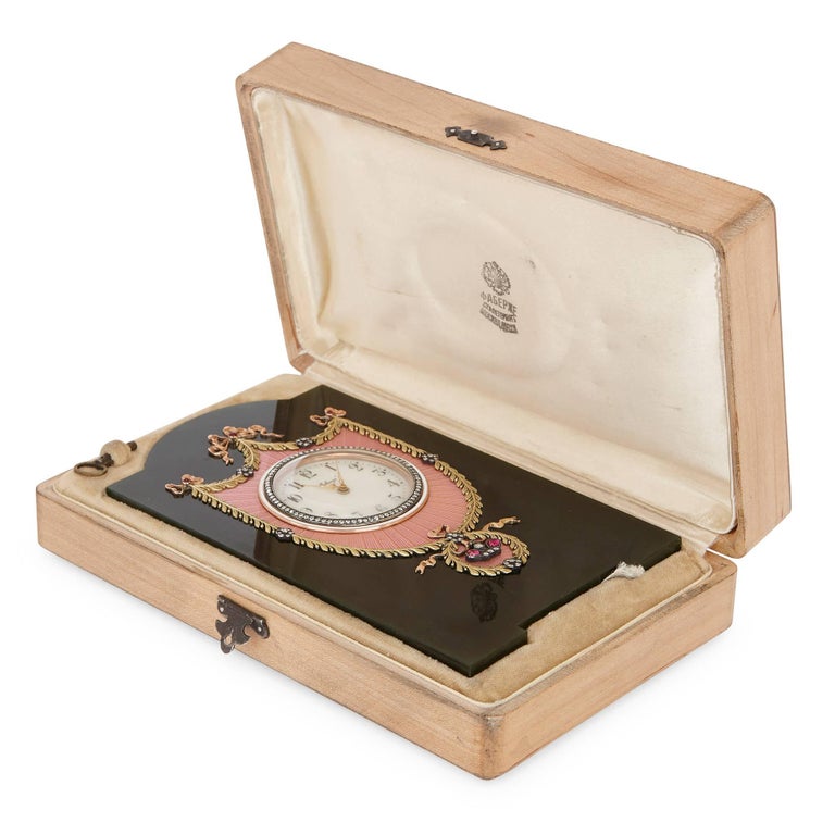 Faberge Style Guilloche Enamel and Gemstone Table Clock at 1stDibs