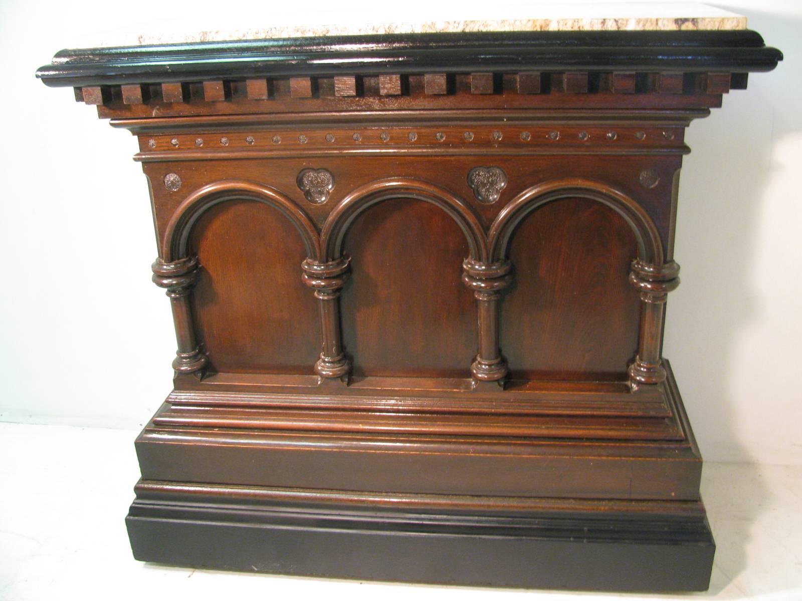 Neoclassical Carved Gothic Oak Bar with Marble Top For Sale at 1stDibs