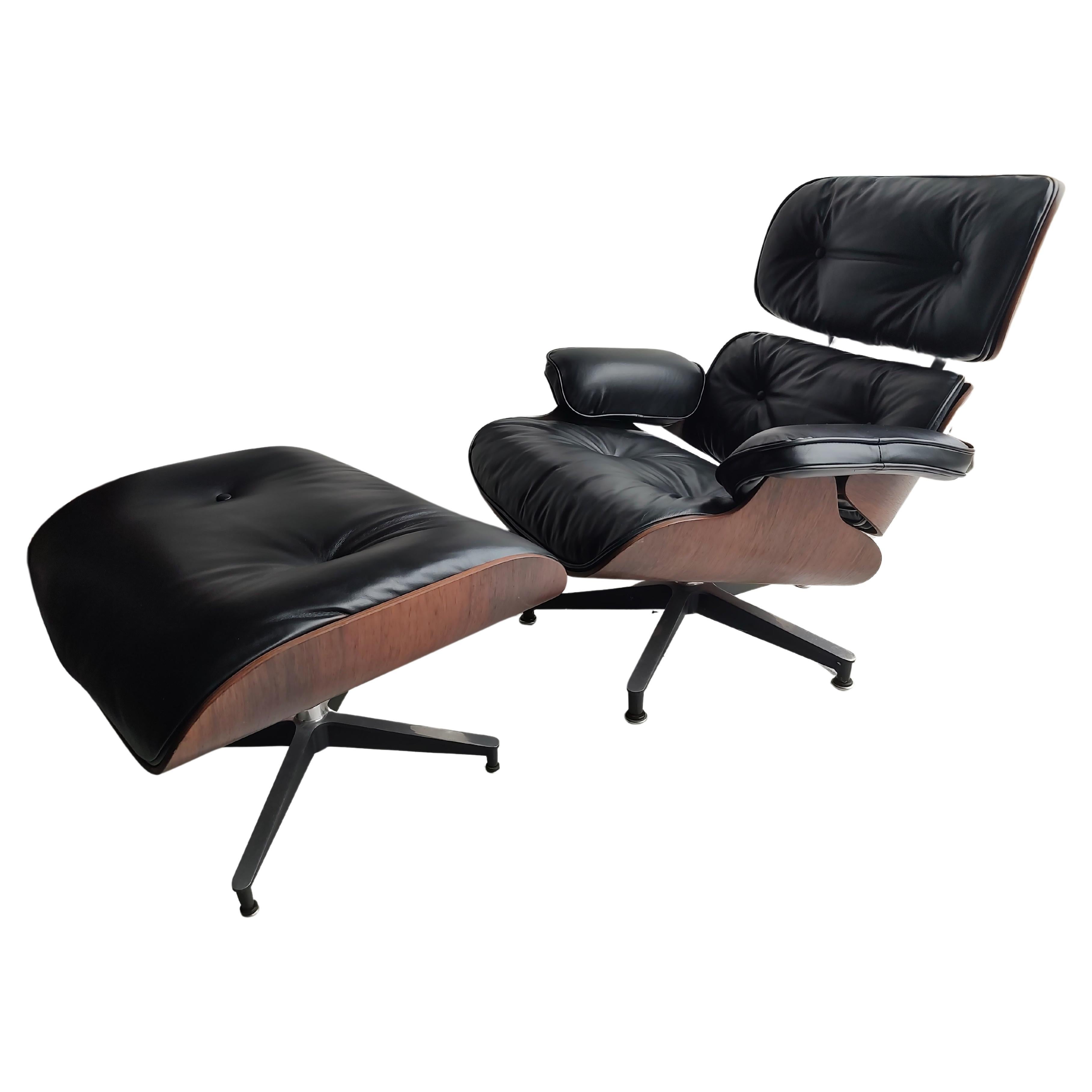 Eames Black Leather and Rio Rosewood Lounge Chair and Ottoman at 1stDibs