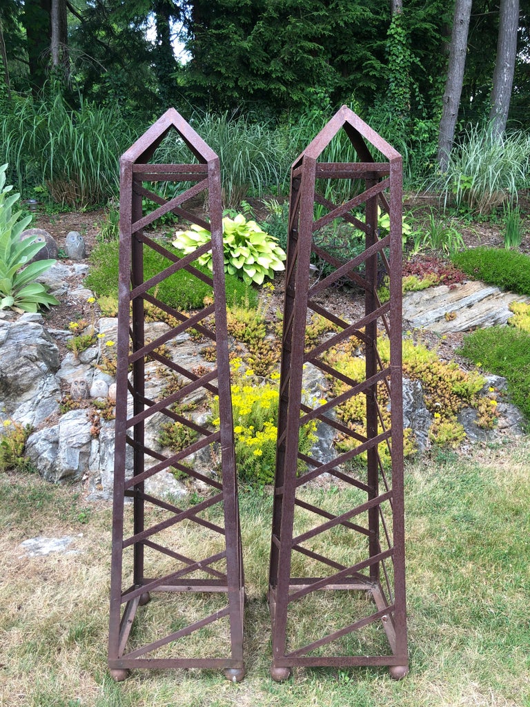 Pair of 6 Ft High Vintage Iron Garden Obelisks For Sale at 1stDibs
