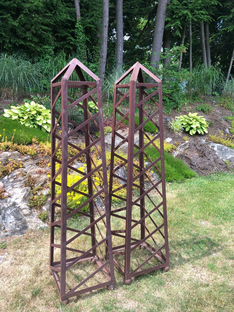 Pair of 6 Ft High Vintage Iron Garden Obelisks For Sale at 1stDibs