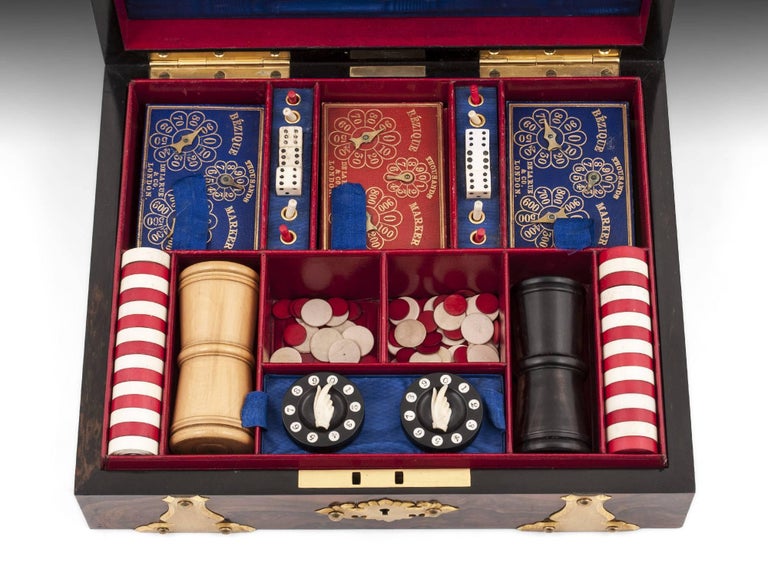 Betjemann Feathered Walnut and Brass Games Box For Sale at 1stDibs