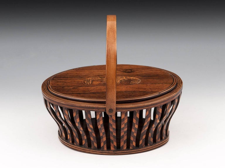 Antique Sewing Basket with shaped Sycamore Handle For Sale at 1stDibs