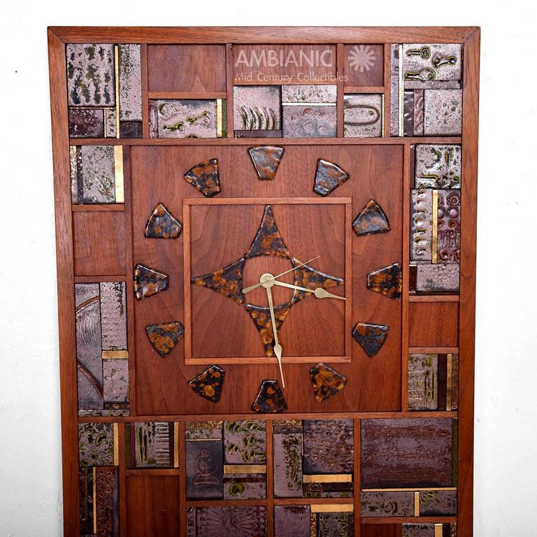 Danish Modern Teak and Tile Brutalist Wall Clock at 1stDibs | danish clock