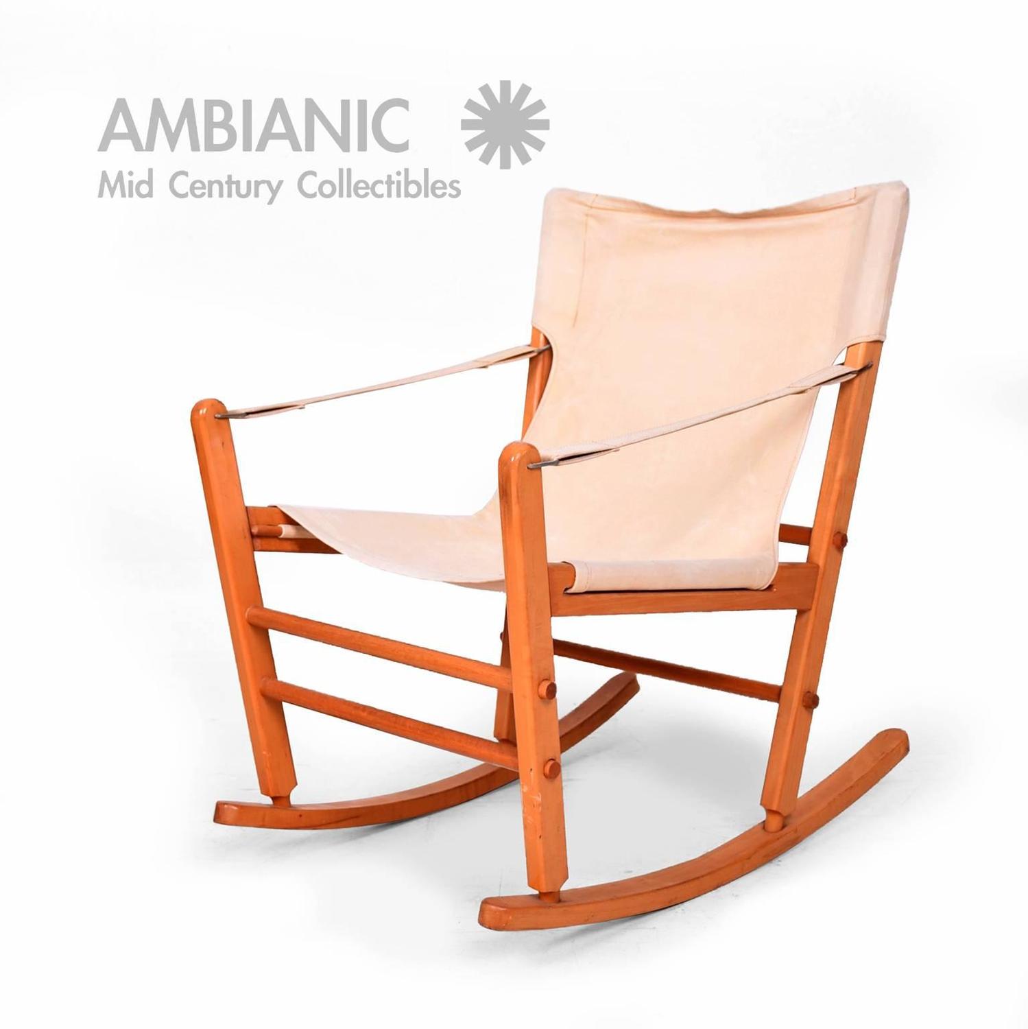 Mid-Century Modern Safari Chair Rocker Solid Maple Canvas Gold Metal ...