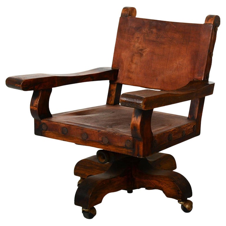 Spanish Colonial Mexican Mahogany Leather Office Rolling Chair ...