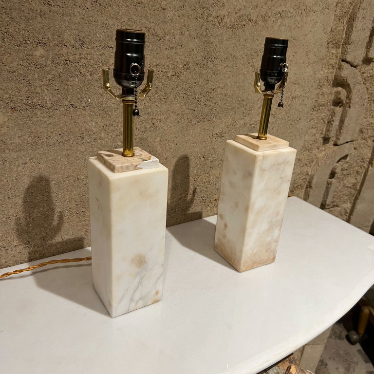 1970s Architectural Modern Pair Marble Square Column Table Lamps in ...