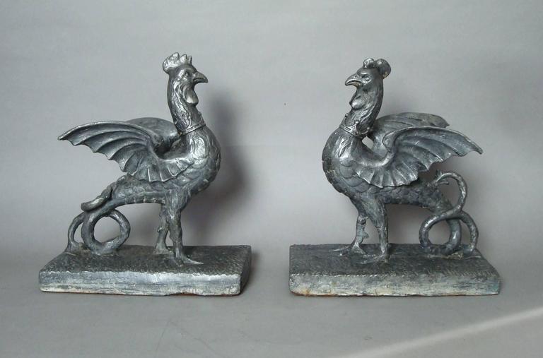 18th Century Pair of Lead Cockertrice, Heraldic Cockerels at 1stDibs