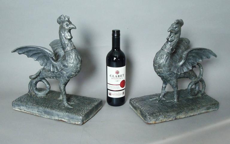 18th Century Pair of Lead Cockertrice, Heraldic Cockerels at 1stDibs