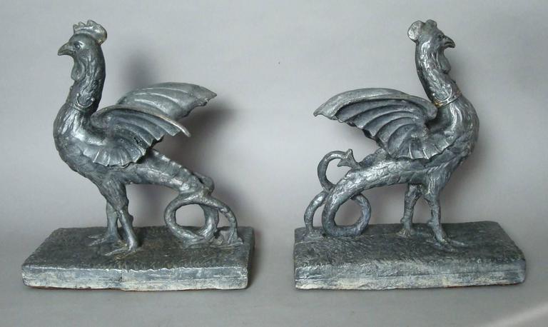 18th Century Pair of Lead Cockertrice, Heraldic Cockerels at 1stDibs