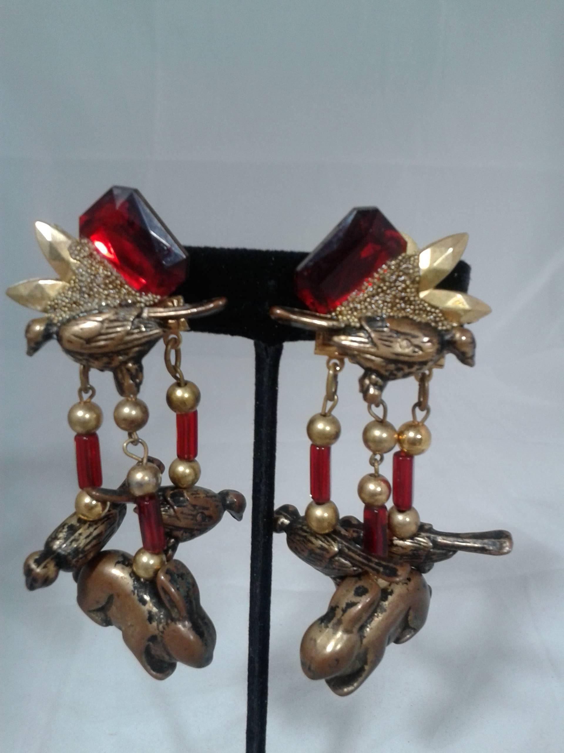 Charming 1950s Rabbit and Bird Cascade Earrings with Bakelite Chain For ...