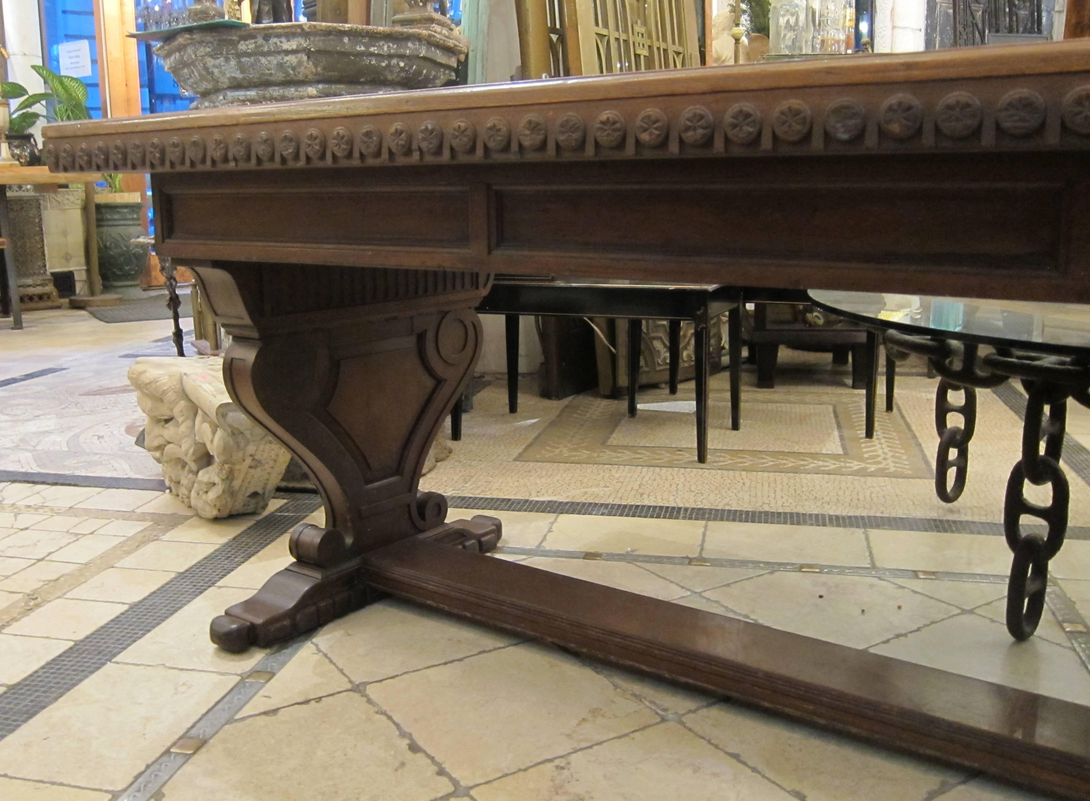 1880s Refinished English Intricately Carved Sold Oak Trestle Table For ...