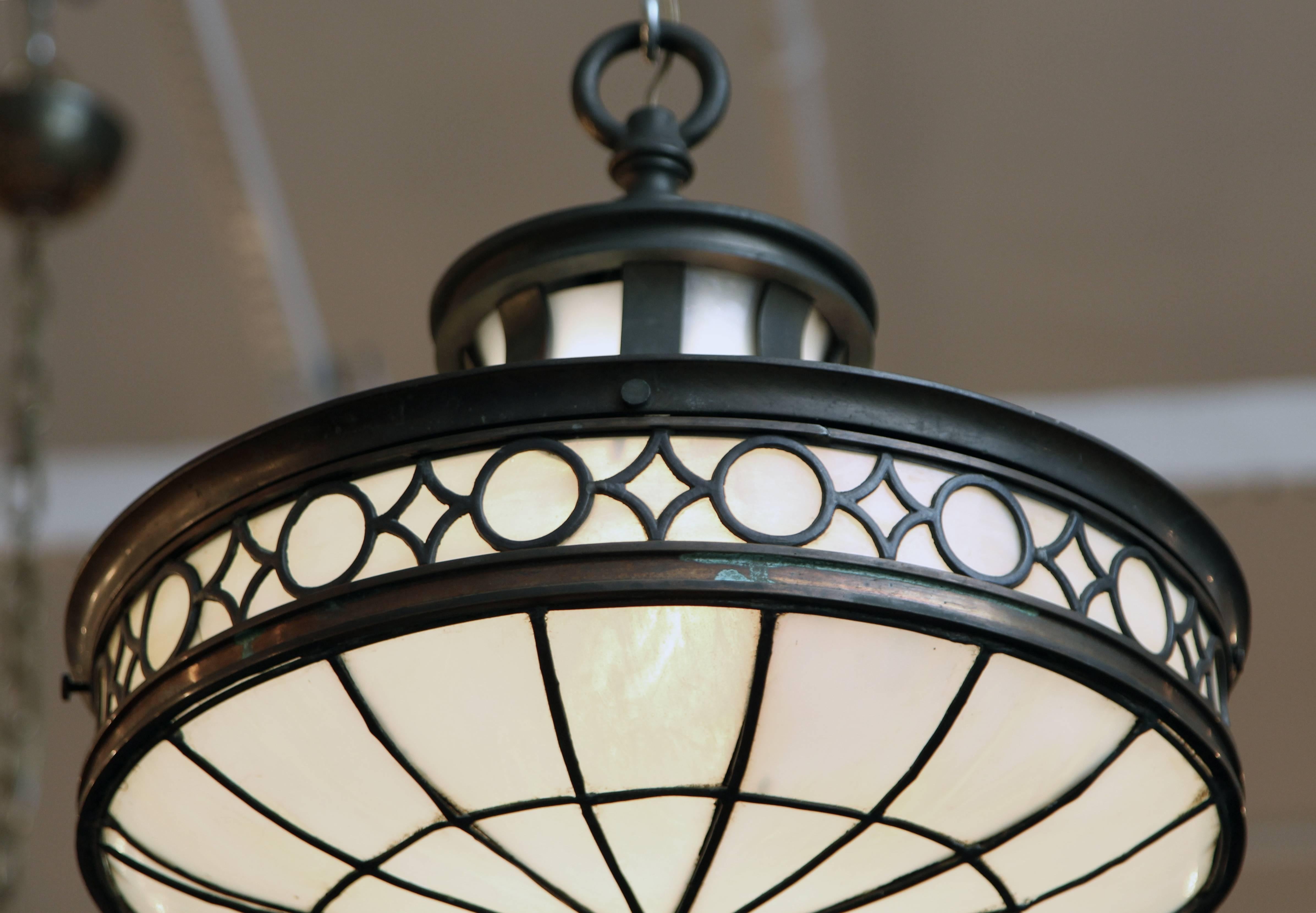 1910 Bronze Bank Pendant Light with Opalescent Glass and Pineapple ...