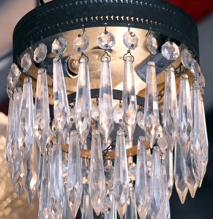 1920s Petite Crystal Flush Mount Fixture with Original Brass Rim For ...