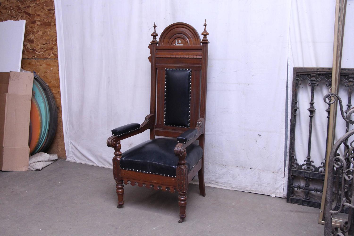 Set of Three Ornate Black Leather and Wood Masonic Chairs and Studded ...