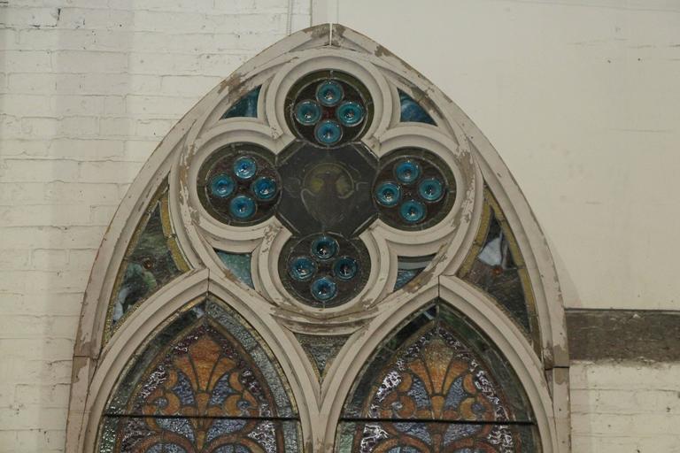 1860s Large Arched Gothic Colored Stained Glass Window from a Wisconsin ...