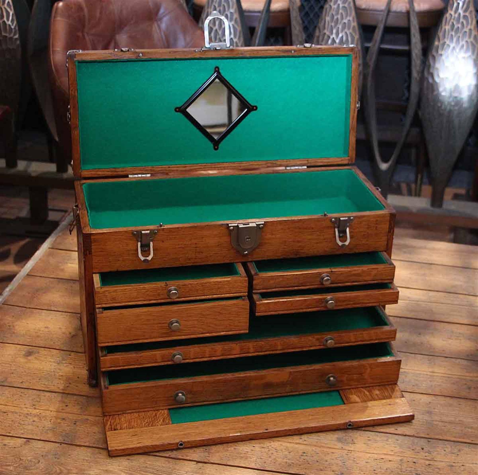 1940s Restored Tiger Oak Machinist Box with Green Felt and Mirror For ...