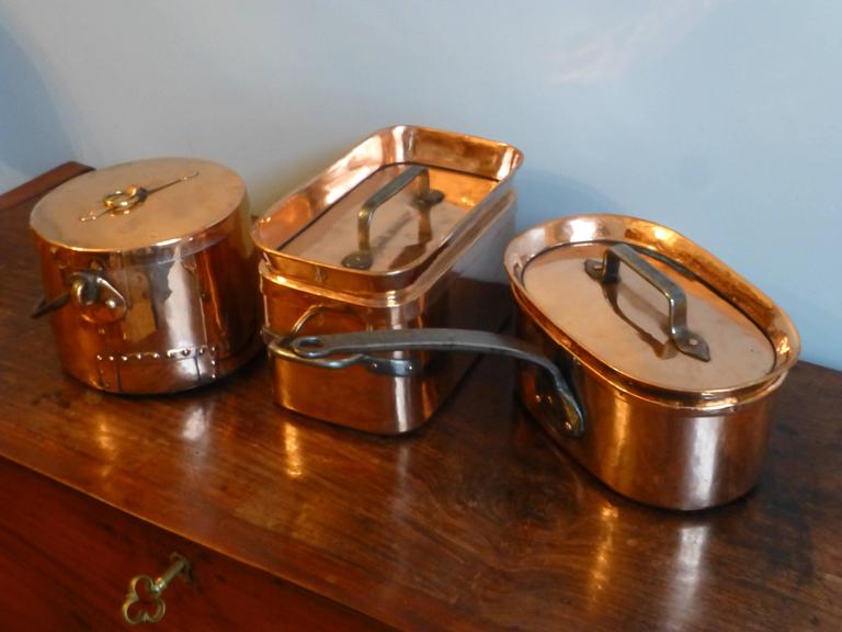 Magnificent Set of Three Re-tinned Copper Pots and Lids For Sale at 1stDibs