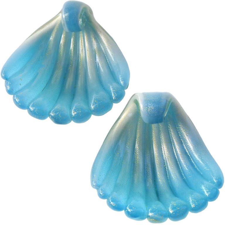 Seguso Murano Opal Blue Gold Flecks Italian Art Glass Seashell Dishes ...