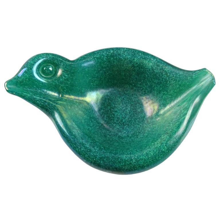 Ercole Barovier Murano Green Iridescent Italian Art Glass Bird Bowl ...