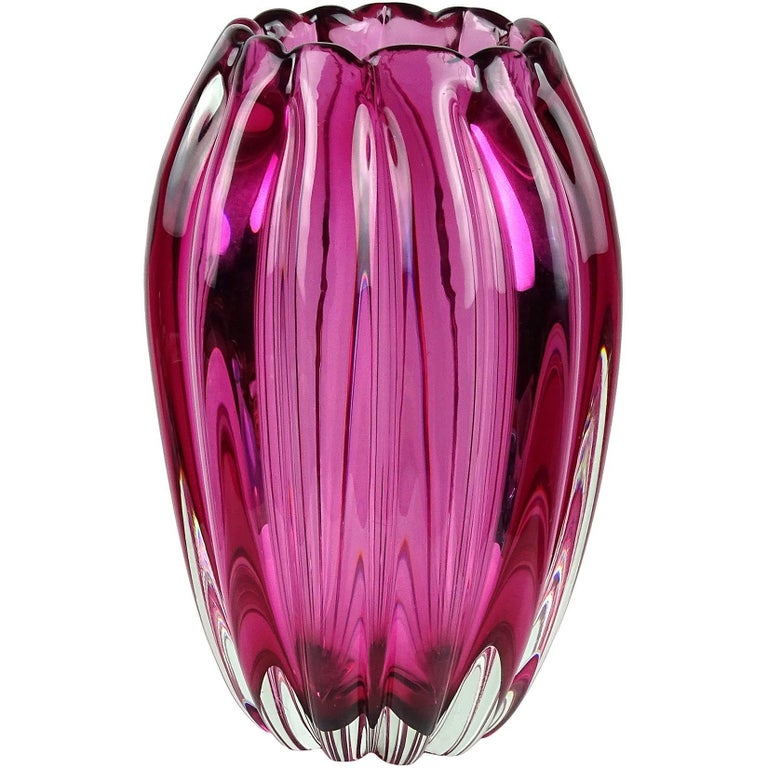 Alfredo Barbini Murano Sommerso Deep Pink Ribbed Italian Art Glass Vase ...