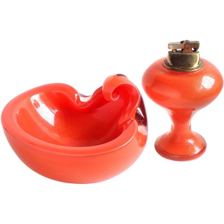 Alfredo Barbini Murano Orange Gold Flecks Italian Art Glass Bowl ...