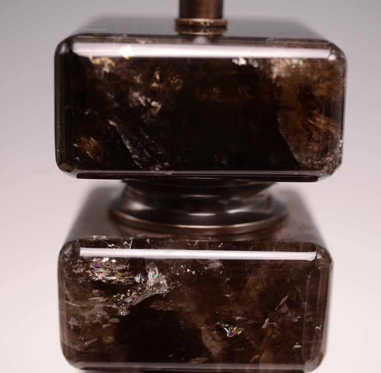 Pair of Cubic Form Dark Rock Crystal Lamps with Antique Brass Insert ...