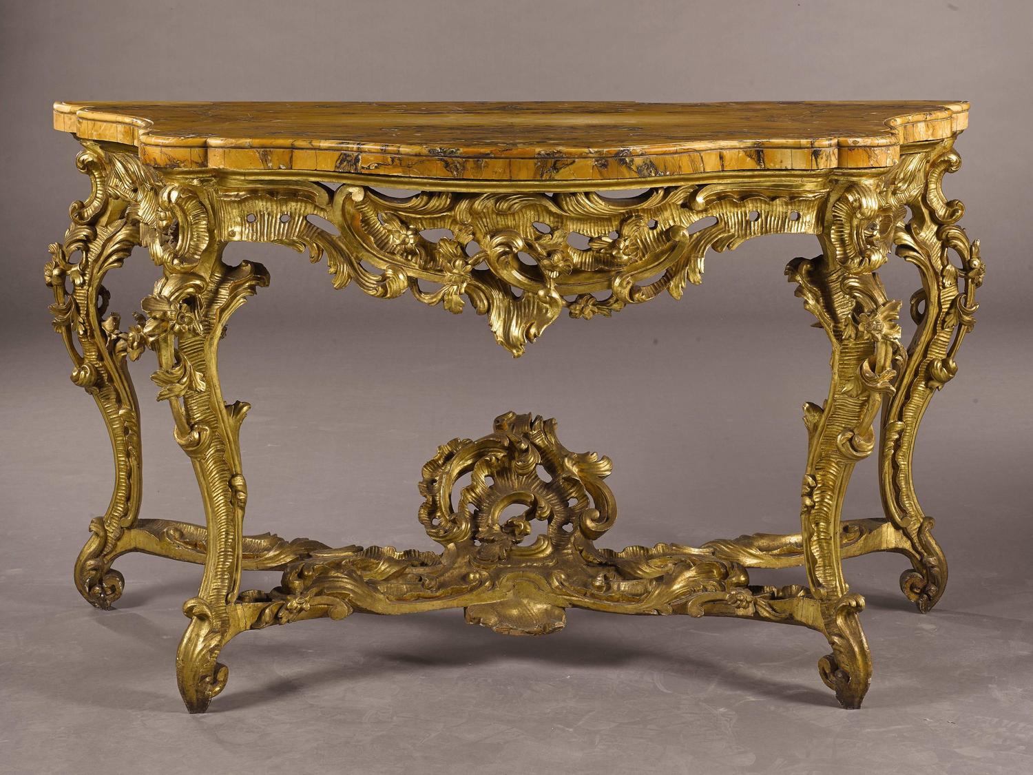 Pair of Roman Carved Giltwood Console Tables with Siena Marble Tops ...