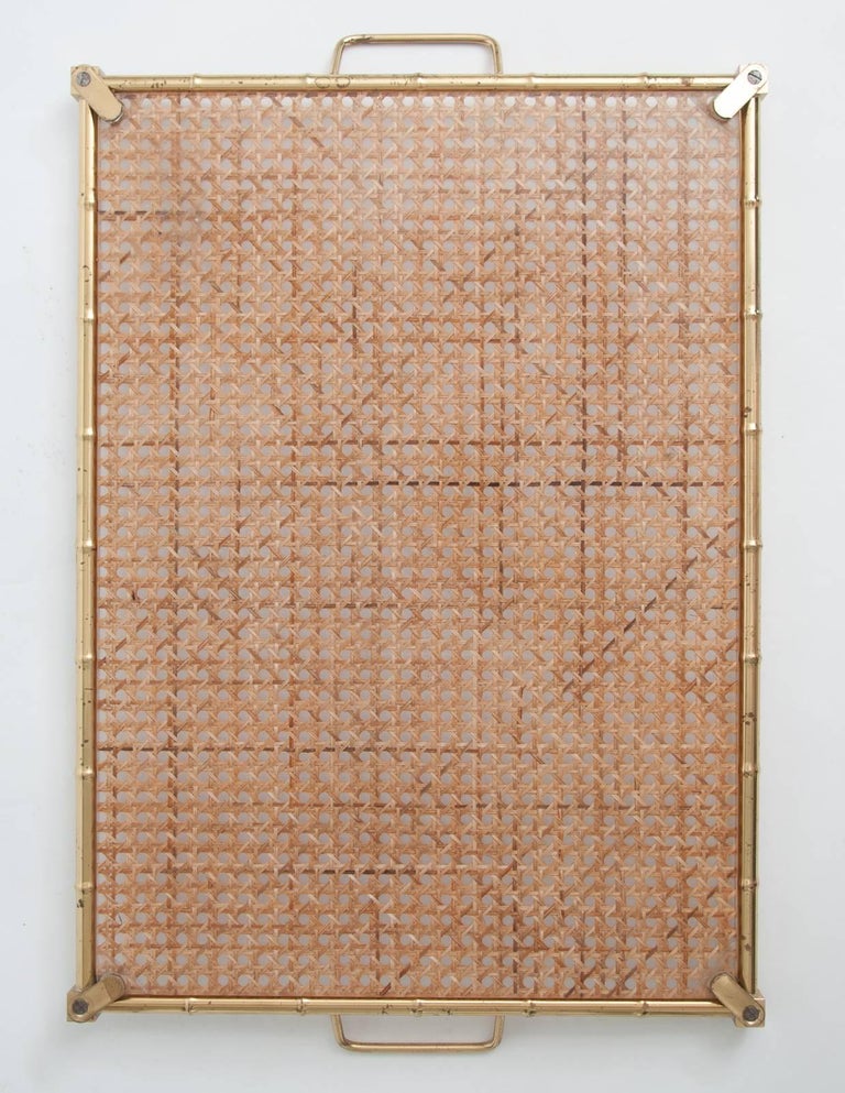 Large Mid-Century Christian Dior Style Brass, Lucite and Rattan Serving ...