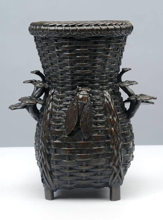 Pair of Japanese Bronze Basket Weave Vases, 19th Century at 1stDibs