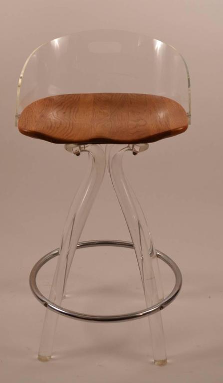 Set of Three Lucite, Chrome and Oak Stools at 1stDibs
