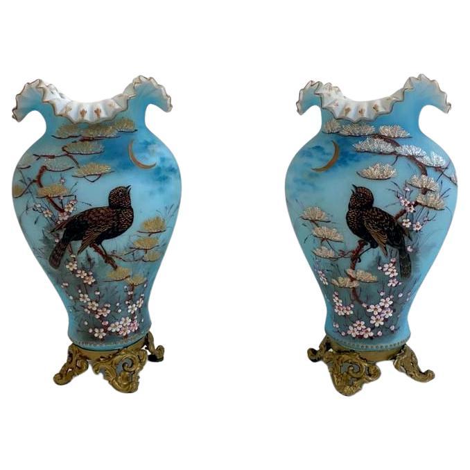 Antique French Pair of Turquoise Opaline Vases For Sale at 1stDibs
