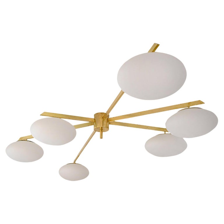 Six Arms Radial Brass and Glass Ceiling Italian Light MCM Style For ...