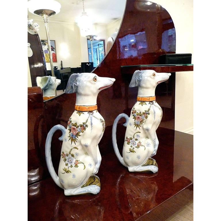 Pair of Faience Pitchers, Sitting Greyhound, Saint Clement, France ...