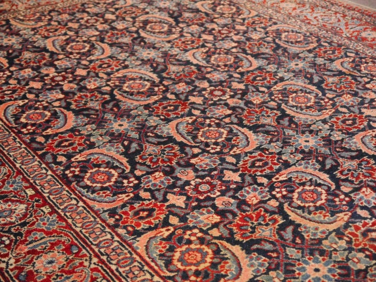 Antique Rug Mahi Design Haji Style Blue and Red Allover For Sale at 1stDibs