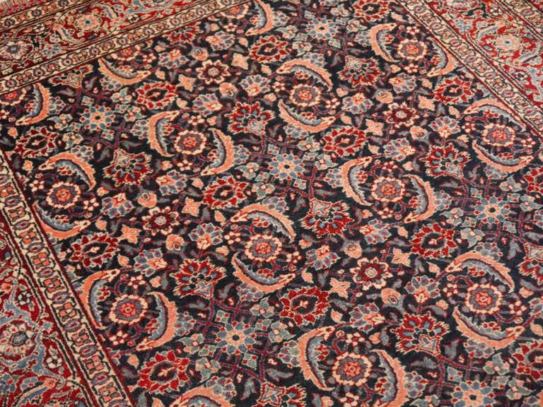 Antique Rug Mahi Design Haji Style Blue and Red Allover For Sale at 1stDibs